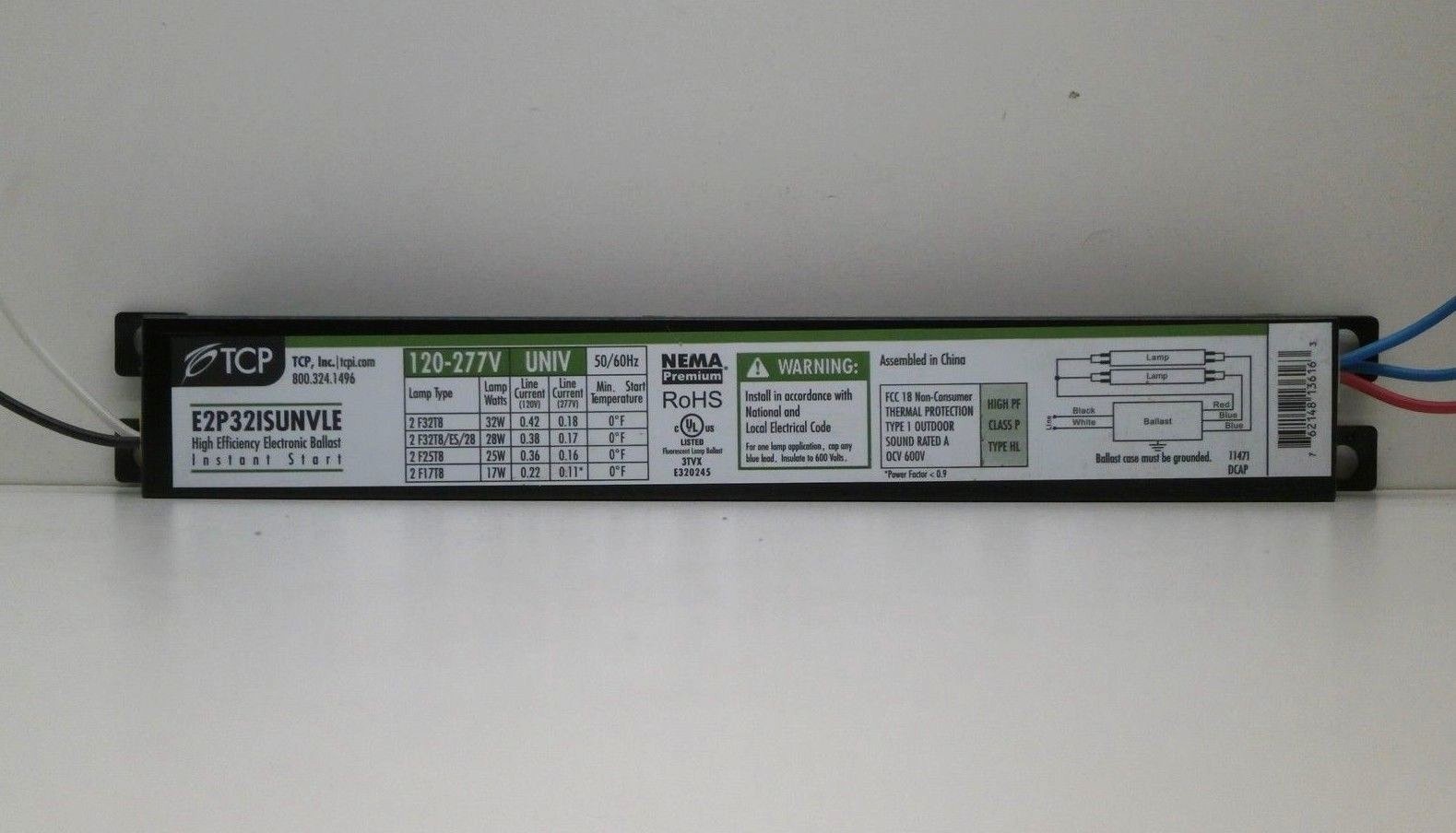 TCP E2P32ISUNVLE Instant Start Fluorescent Ballast 120/277V (2-Lamp ...
