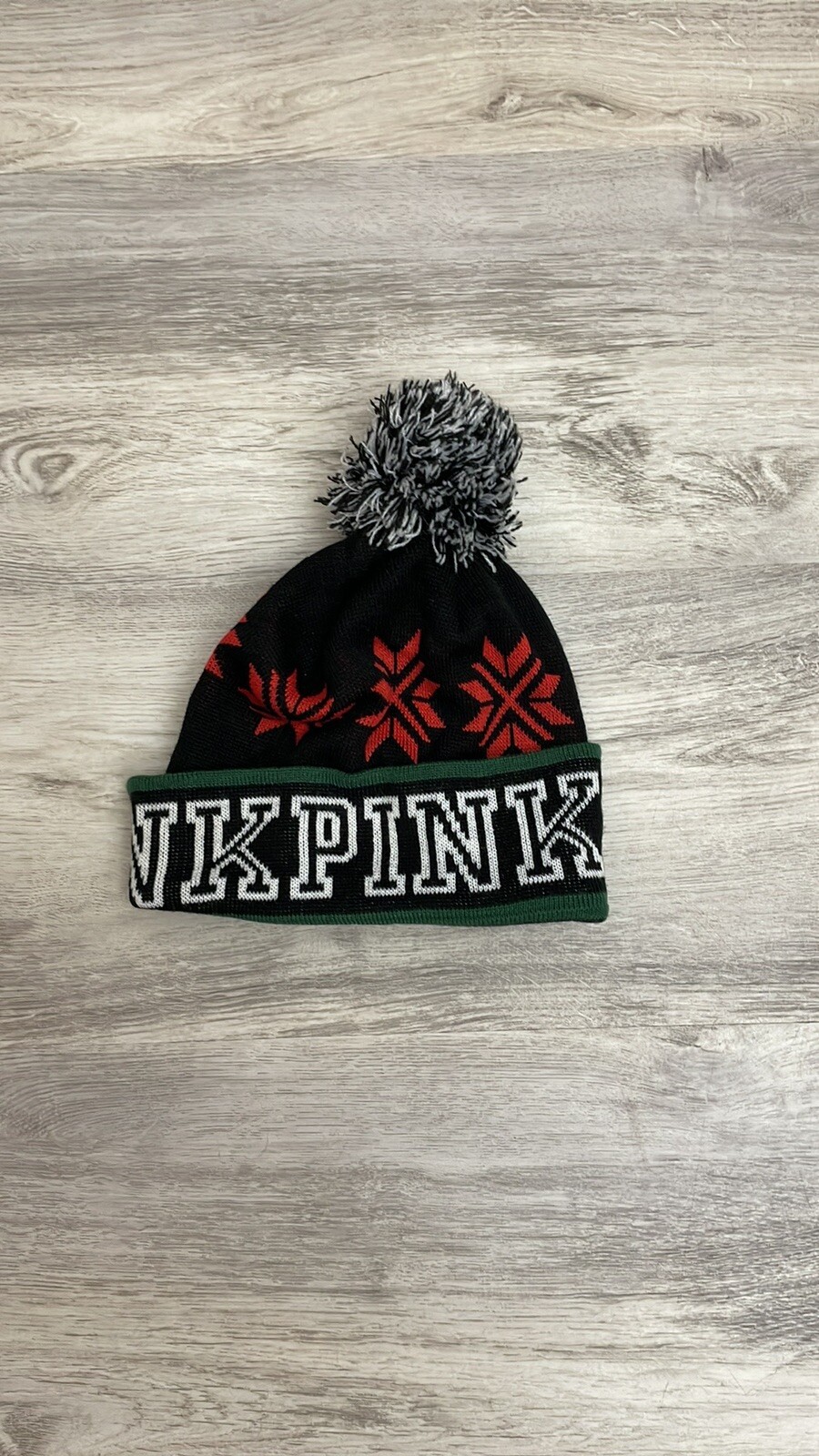 PINK Victoria's Secret Black with White, Red & Green Knit Beany Hat ...