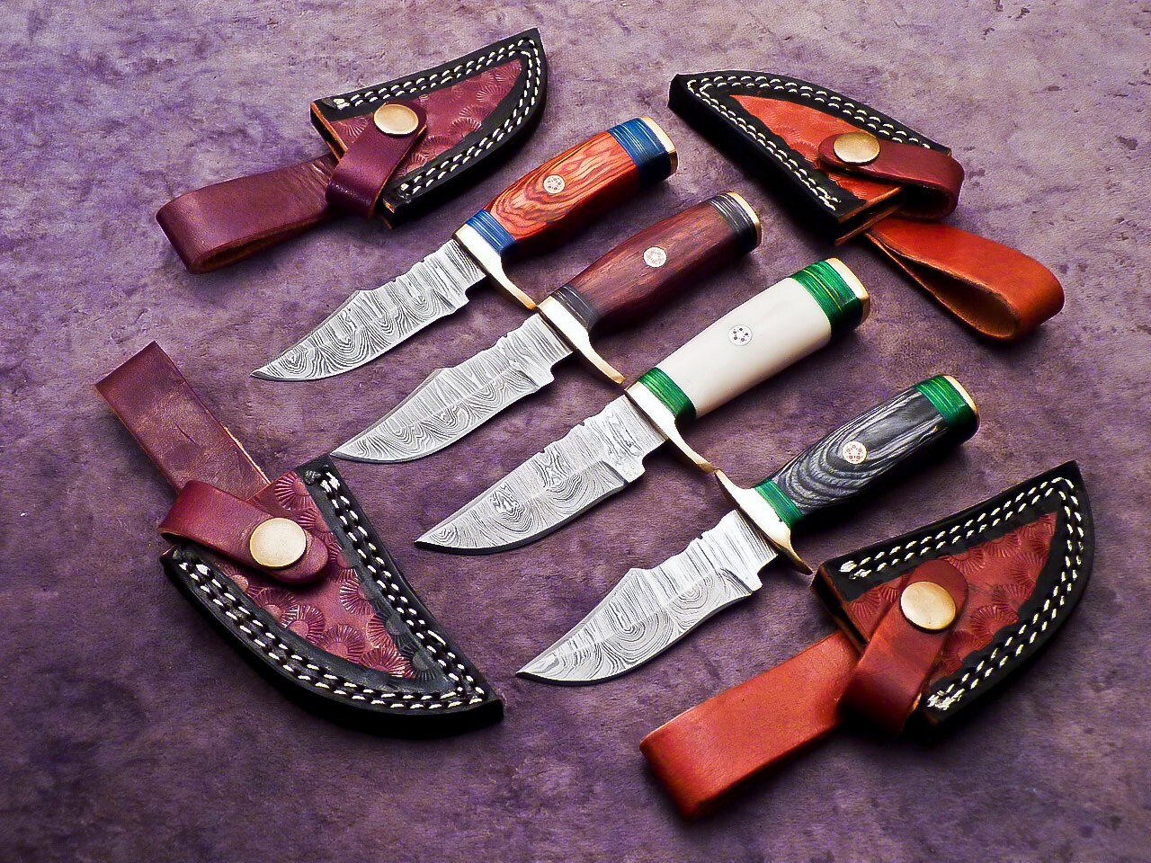 LOT OF 4 PCS Handmade Damascus Steel Blade Hunting Knives SKINNER ...