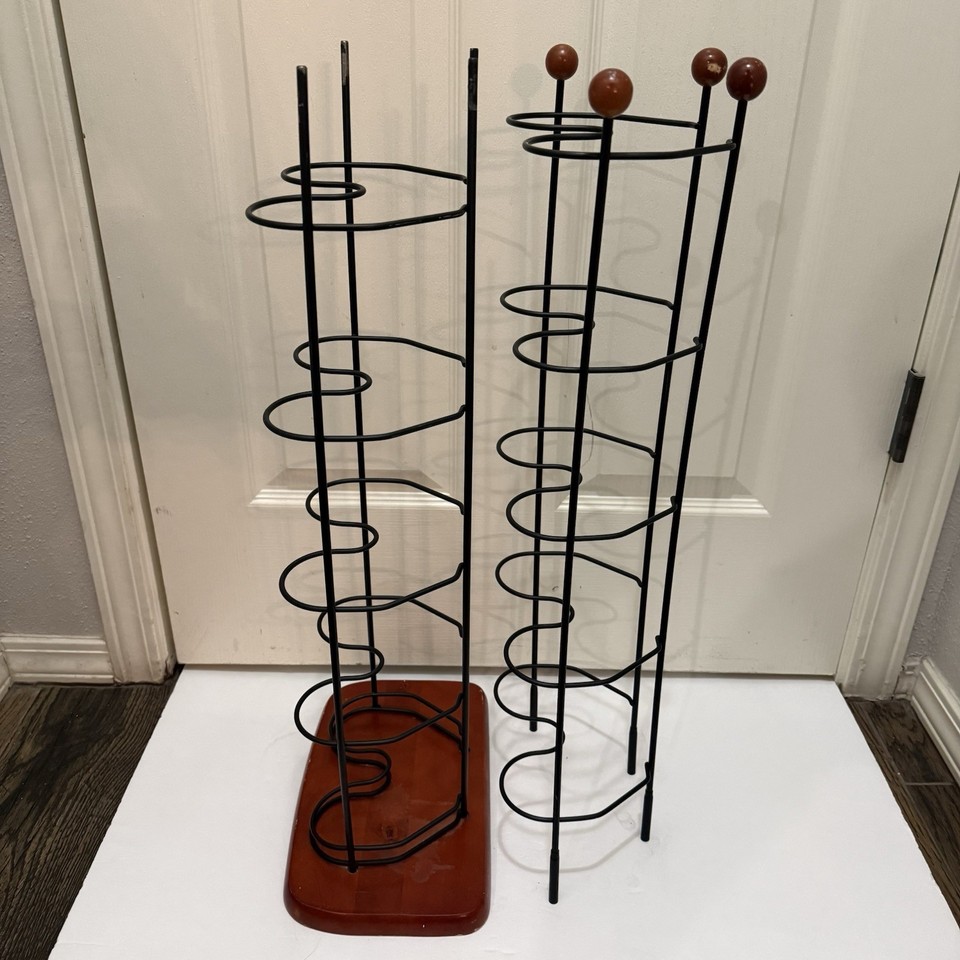 Vintage Black Wave Wood Base DVD Tower Retro Wire Wood Rack 51" Holds ...