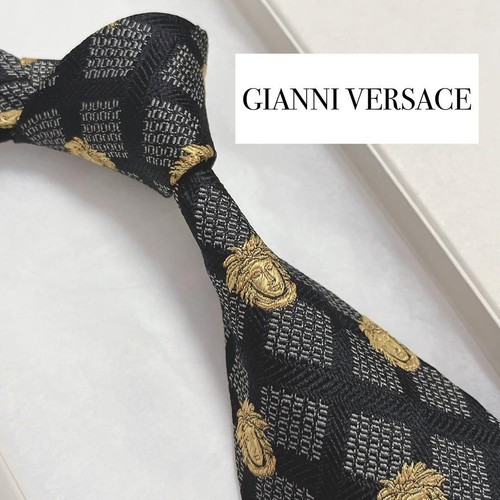GIANNI VERSACE Neck Tie Silk 100% Embroidery Medusa Check Black/White ...