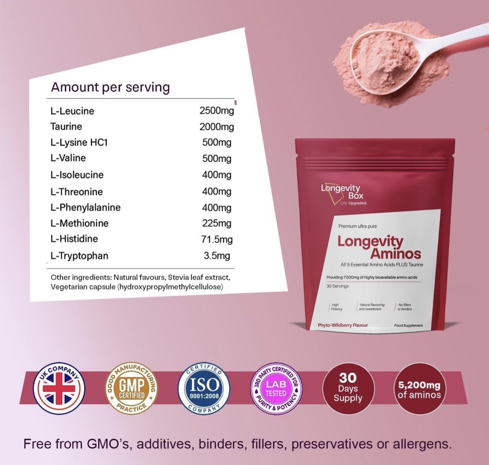 Longevity Box Amino Acids 7000mg – Ultra Pure, Highly Bioavailable – 30 ...