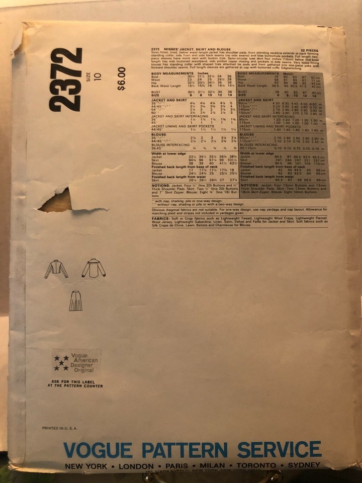 Vogue Pattern 2372 MISSES JACKET SKIRT BLOUSE Sz 10 Bolero Dsgn DON ...