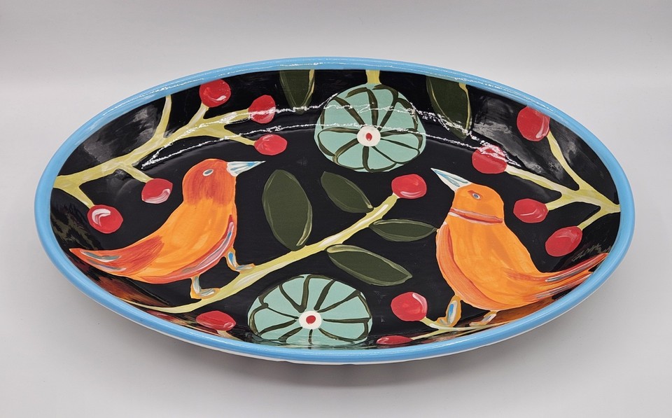 Droll Designs Handmade Handpainted 15" Platter Birds & Berries - EUC | eBay
