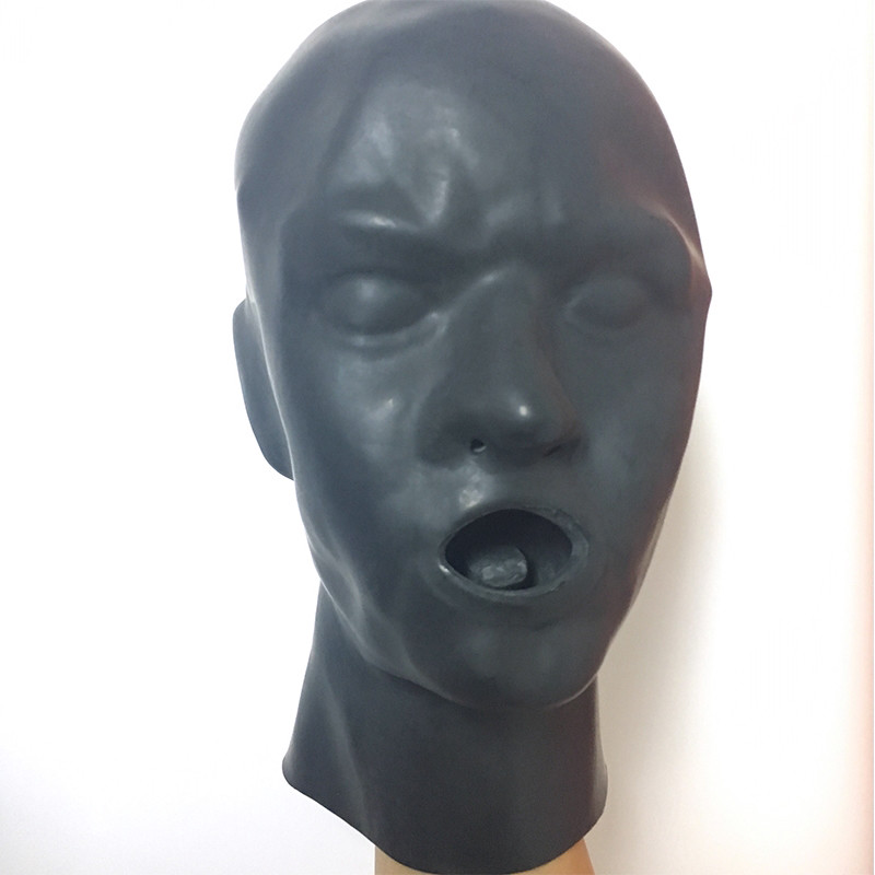 Men Black Latex Mask with Red Teeth Gag Nose Tube 1.0mm Thick Hood Back ...