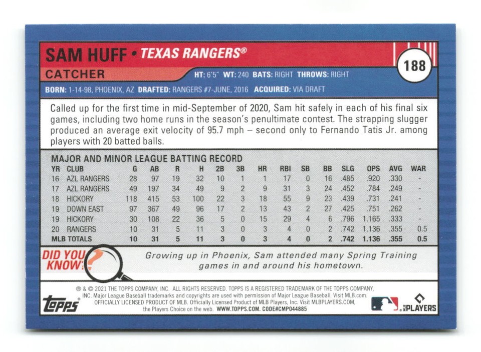 2021 Topps Big League Sam Huff #188 RC Texas Rangers Baseball Card | eBay