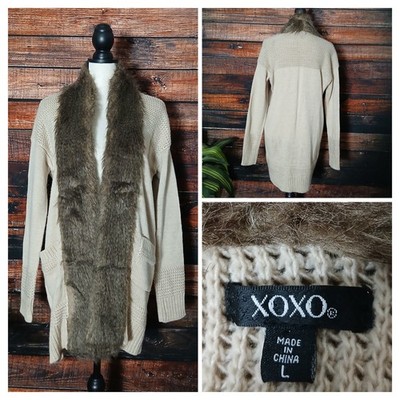 XOXO Cardigan Sweater Large Open Long Faux Fur Trim Boho Tan Brown ...
