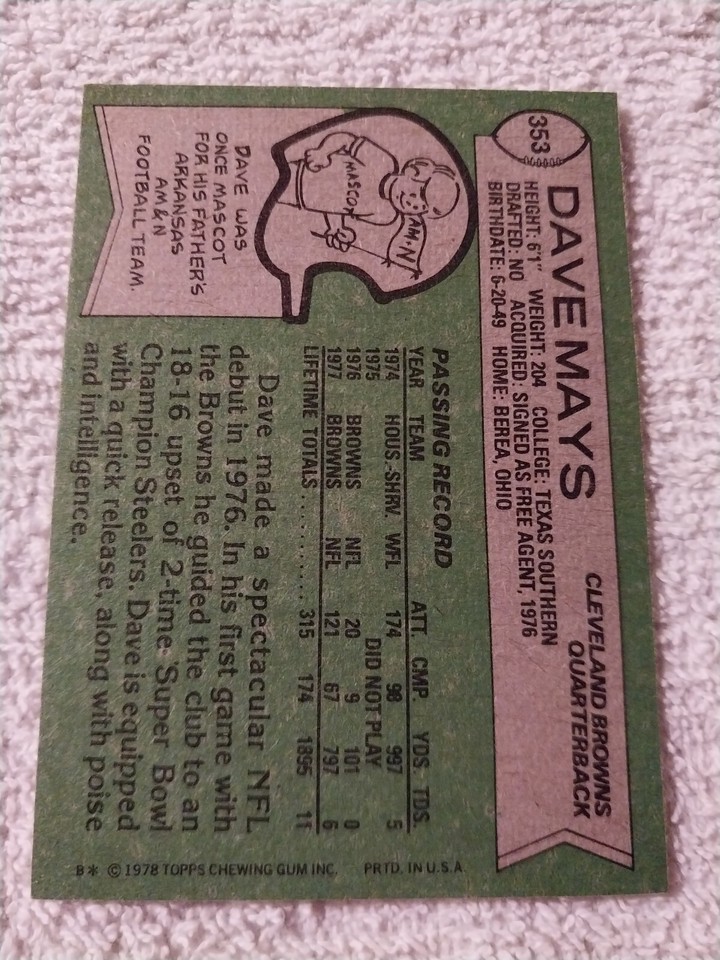 1978 DAVE MAYS TOPPS NFL ROOKIE CARD RC #353 CLEVELAND BROWNS TEXAS ...