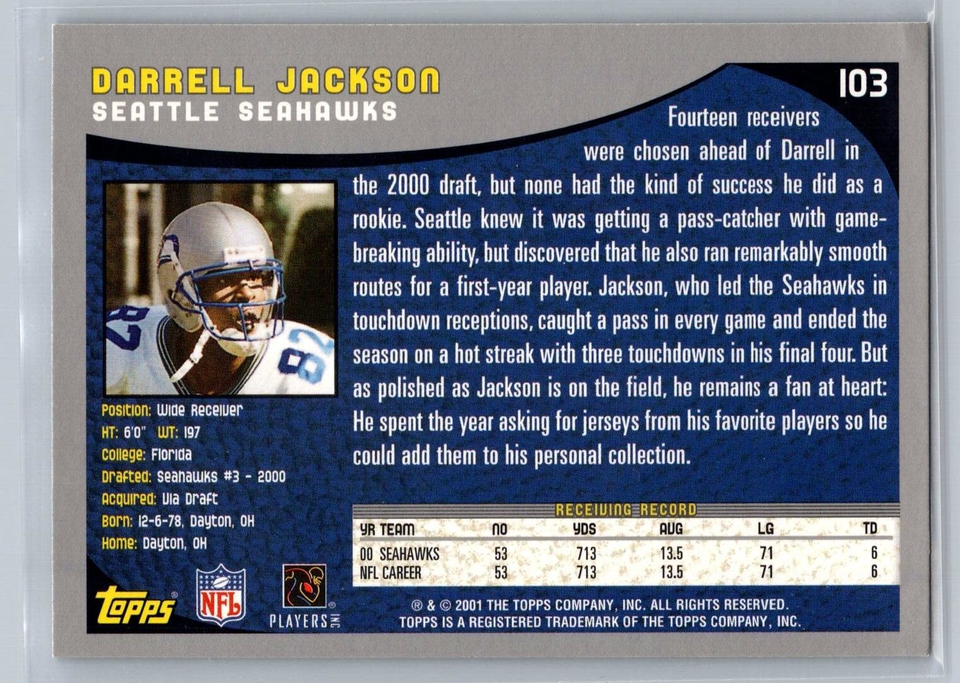 2001 TOPPS CARD # 103 Darrell Jackson - Seattle Seahawks | eBay