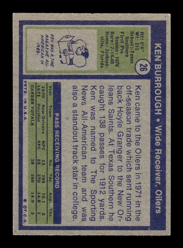 1972 Topps Football #26 Ken Burrough RC Houston Oilers | eBay