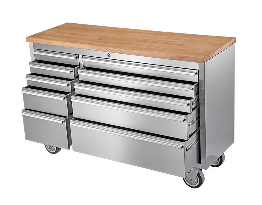 Stainless 55" 10 Drawer Work Bench Cabinet Wood Top Steel Toolbox Tool ...