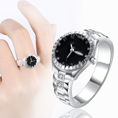 Women Jewelry Watch Shape Ring Silver Plated Zircon Round Finger Ring ...