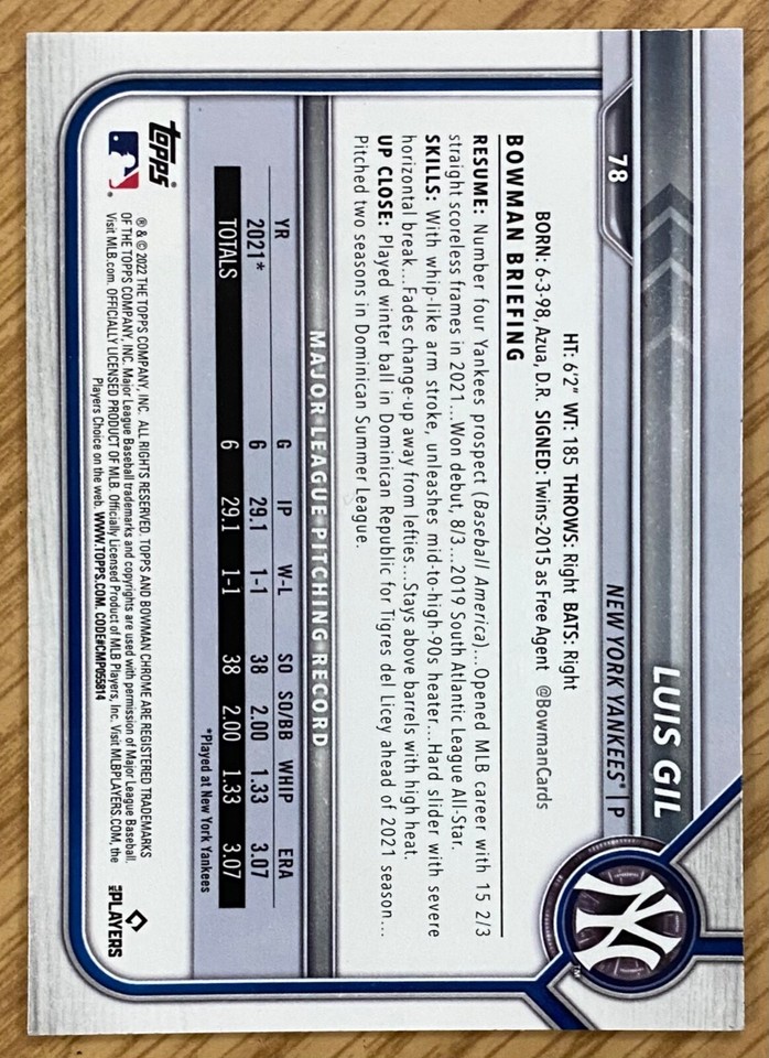 2022 Bowman Chrome Baseball #78 Luis Gil RC New York Yankees Rookie ...