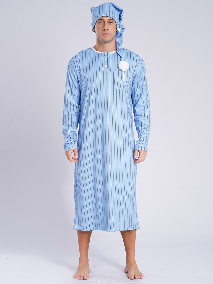 Mens Striped Sleepwear Long Sleeve Nightshirt Night Pajama Set with ...