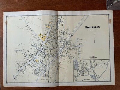 1875 Original Map, Holliston, Massachusetts MA. Double-page Map | eBay