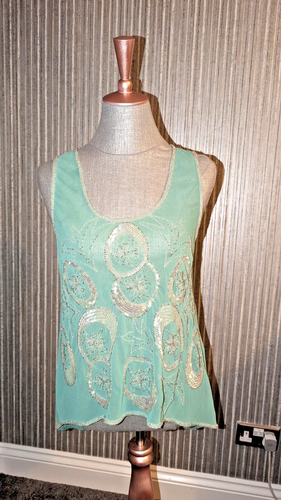 Miss Selfridge Green Sequin Bead Embellished Dipped Hem Party Top Sheer ...