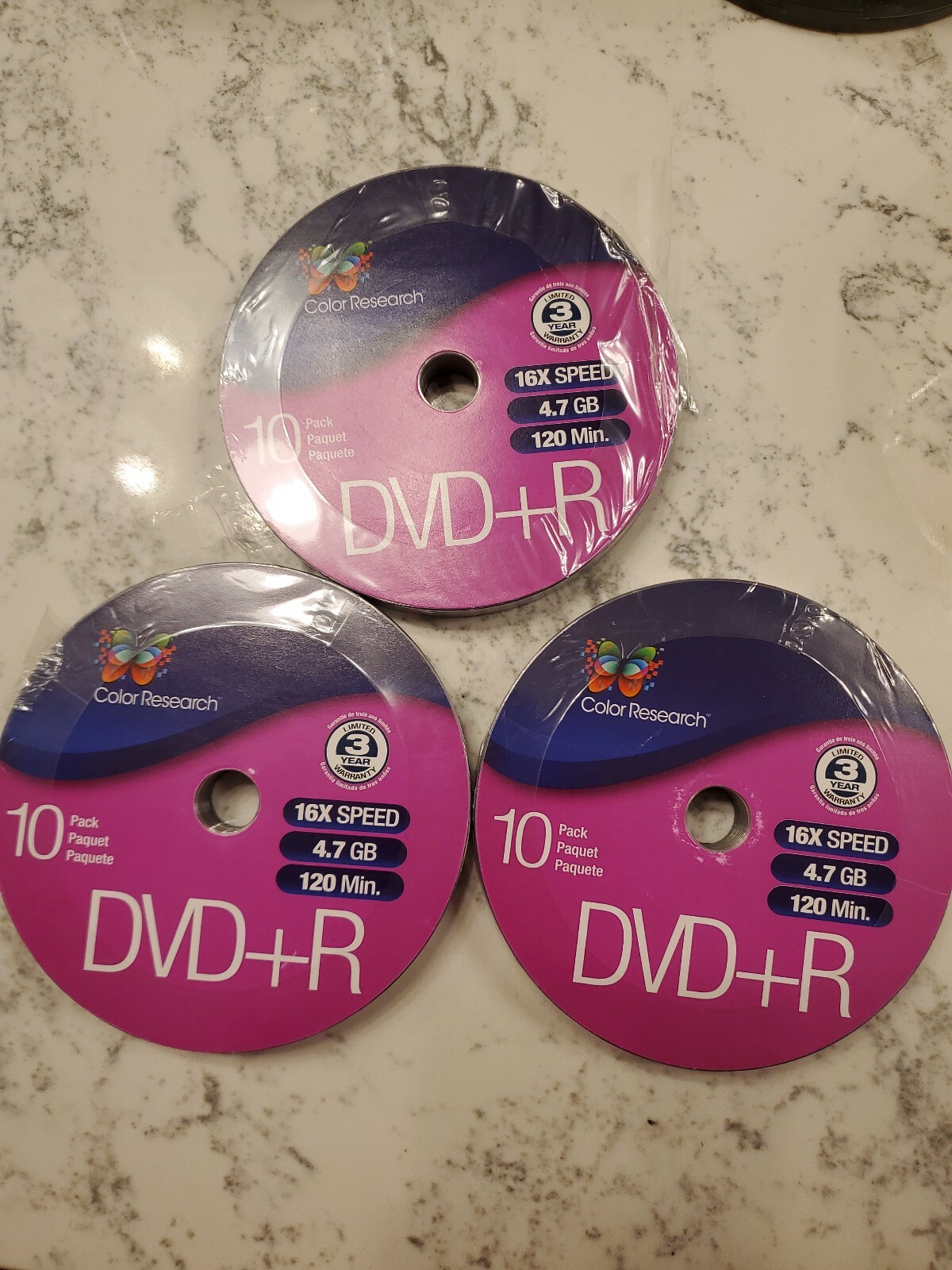 LOT OF 3 NEW Color Research DVD+R 10-Pack - Brand New Sealed TOTAL 30 ...