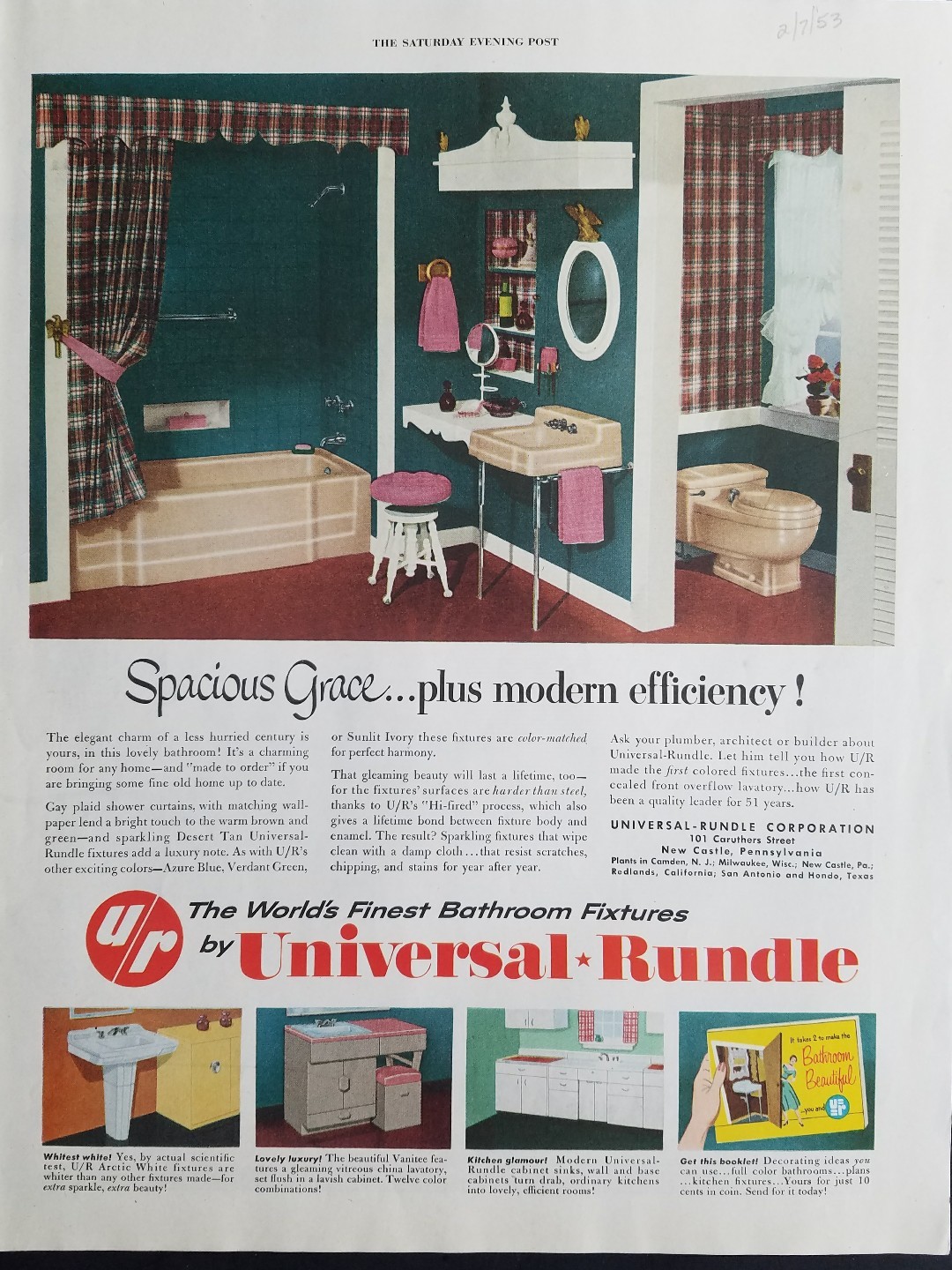 1953 Universal Rundle pink bathroom tub sink toilet vintage bath ...