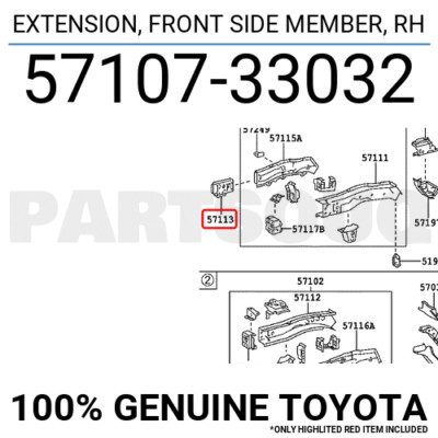 5710733032 Genuine Toyota EXTENSION, FRONT SIDE MEMBER, RH 57107-33032 ...
