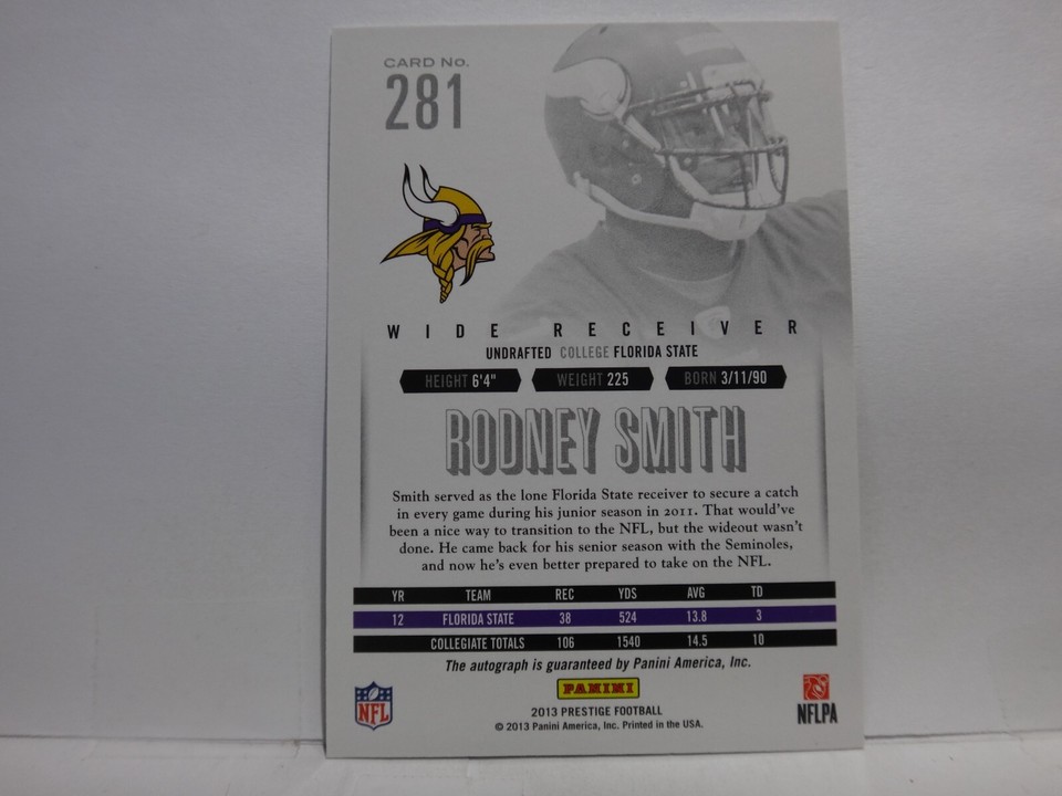 2013 Panini Prestige Extra Points Blue Signatures Rodney Smith Rookie ...