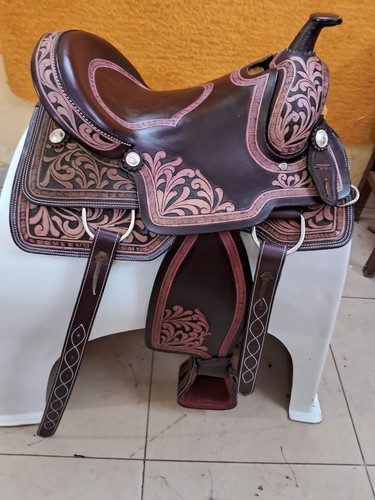 Western dark maroon saddle with hand tool antique finished, high ...