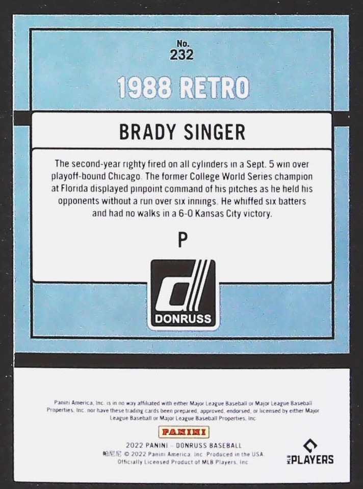 2022 Donruss Brady Singer #232 Kansas City Royals | eBay