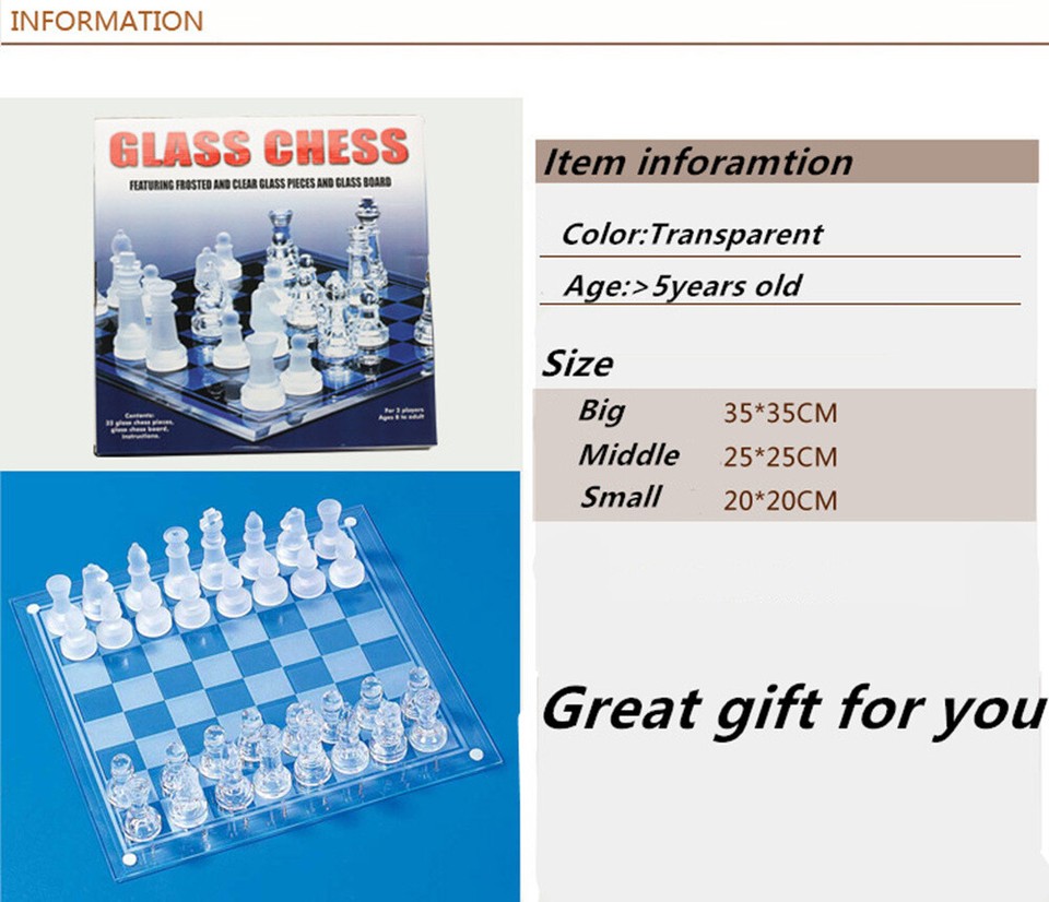 Classic Glass Chess Board Set Clear & Frosted Pieces Game Gift Boxed 10 ...