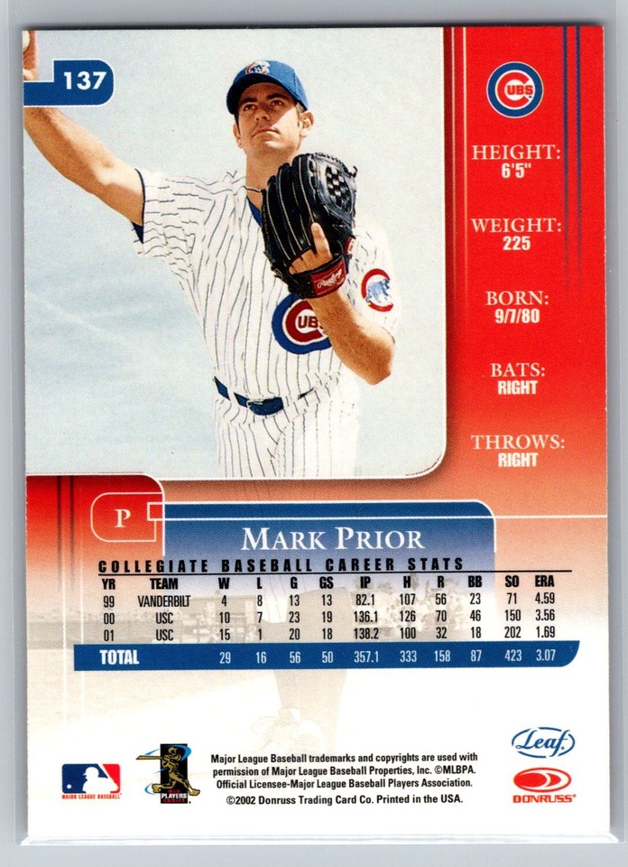 2002 Leaf Rookies & Stars Mark Prior #137 Chicago Cubs | eBay