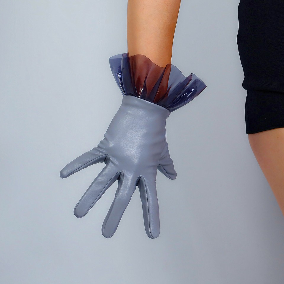 CLEAR GLOVES PVC Ruffle Trim TECH Faux Leather Black Short Plastic ...