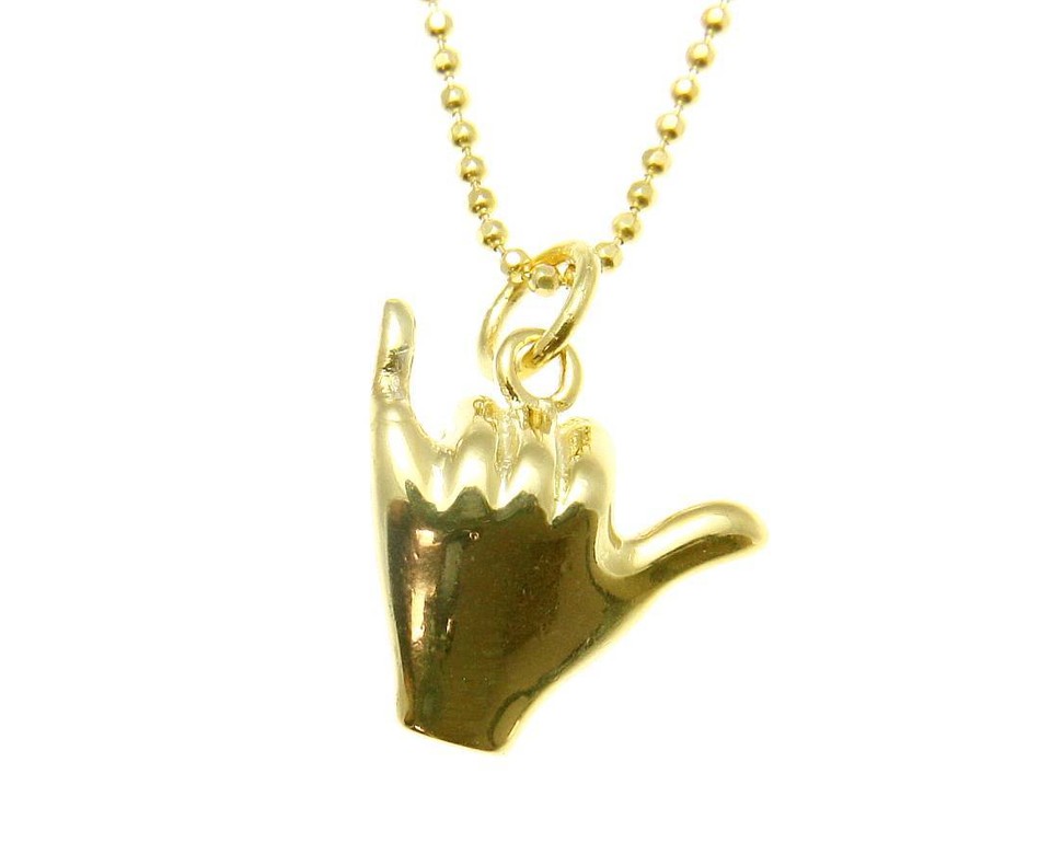 YELLOW GOLD PLATED SILVER 925 HAWAIIAN "SHAKA" HANG LOOSE PENDANT 12MM ...