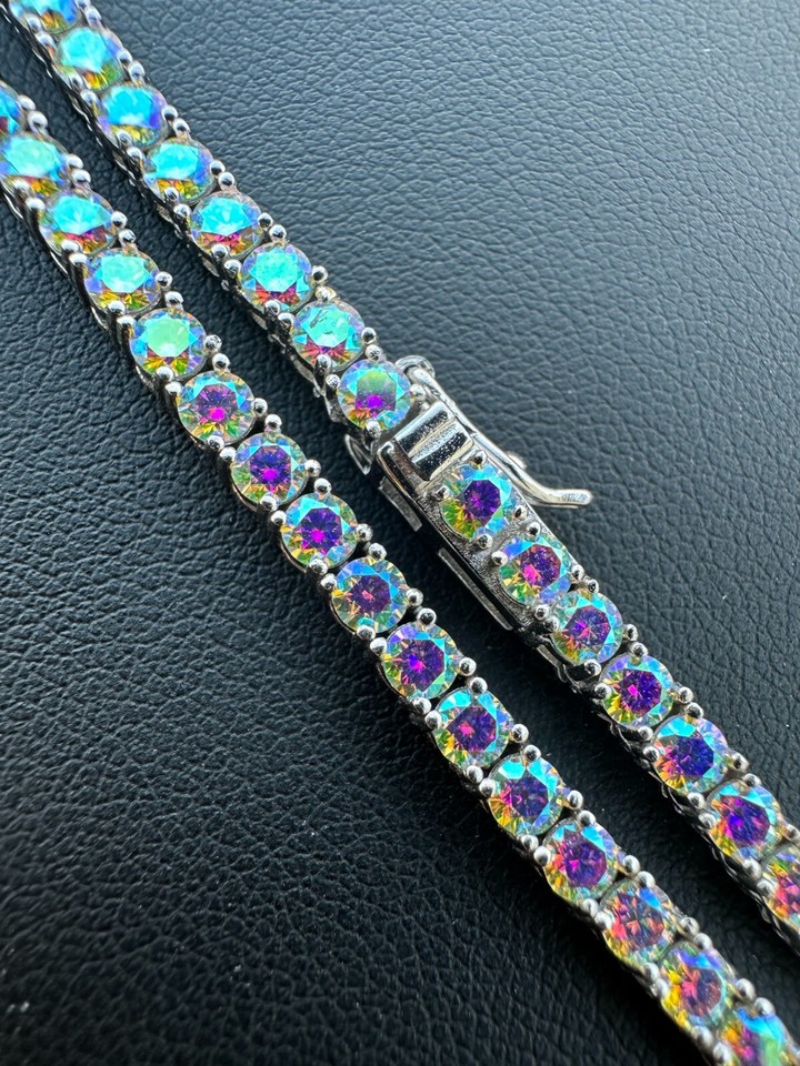Real Opal Rainbow MOISSANITE 3mm Tennis Chain 925 Silver Iced Necklace ...