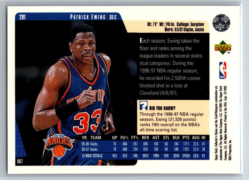 1997-98 Upper Deck Collector's Choice Patrick Ewing New York Knicks ...