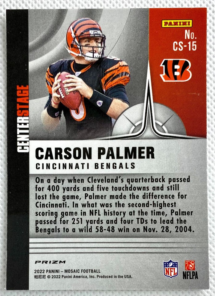 2022 Panini Mosaic Carson Palmer Card #15 Silver Prizm Center Stage ...