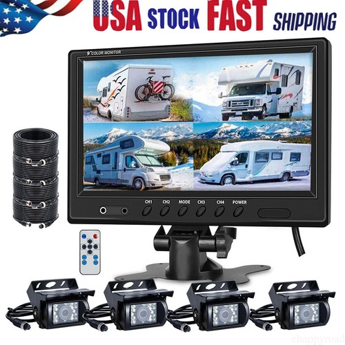 9" QUAD SPLIT MONITOR SCREEN 4 REVERSE BACKUP CCD CAMERA SYSTEM FOR BUS ...