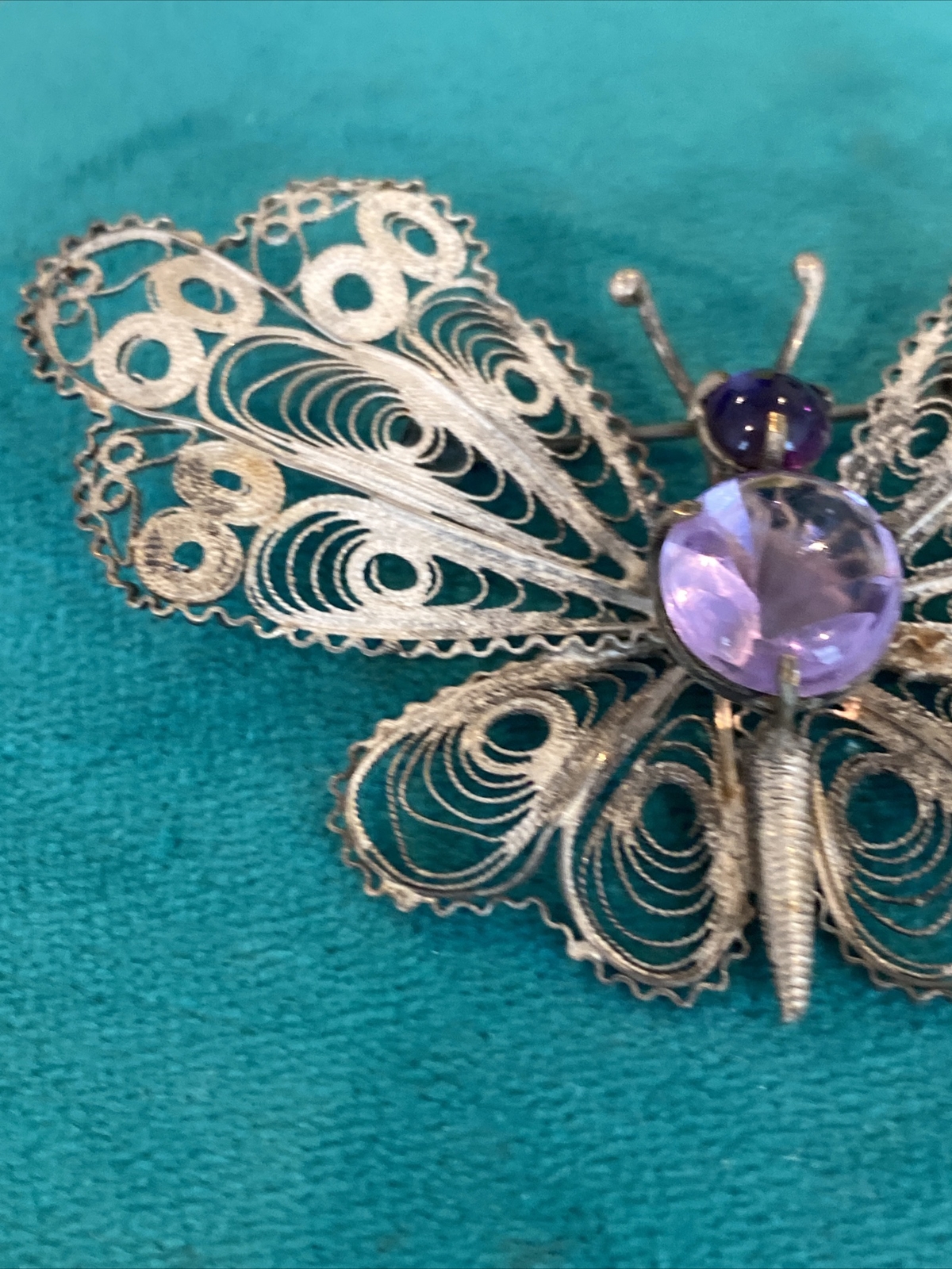 Vintage Silver Filigree Purple Stone Butterfly Brooch - Gem