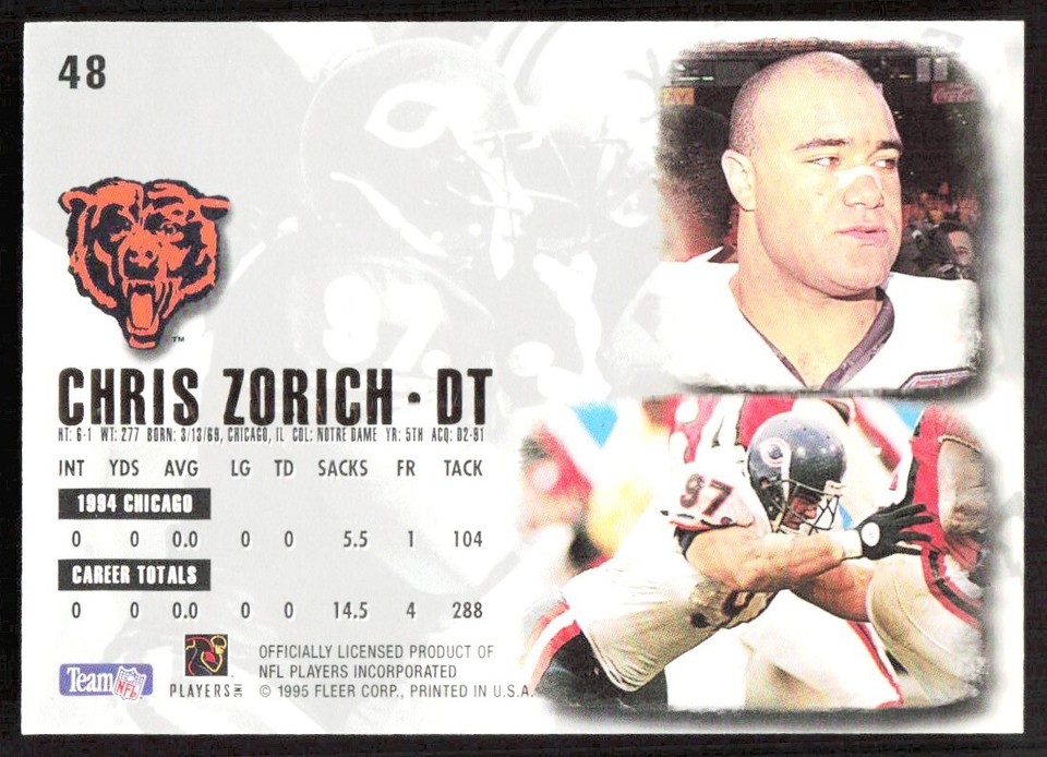 1995 2931A FLEER Ultra Chris Zorich Chicago Bears #48 | eBay
