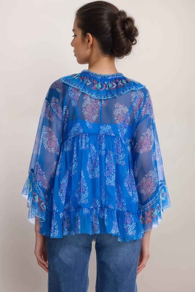 Johnny Was Jade Blue Gal Ruffle Tie Floral Silk Blouse L19925-2 | eBay