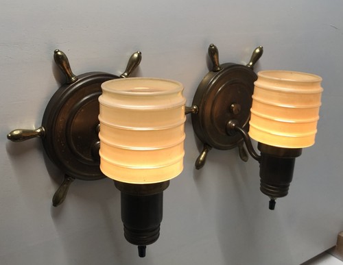 Vtg Nautical Wall Sconce Pair Ship Wheel Brass Light Fixture Art Wired ...