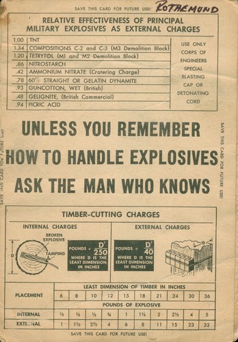 c1950 US Corps Of Engineers Explosive Charges Reference Card TNT Nitro ...