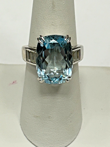 925 Sterling Silver Cushion Cut Blue CZ Ring With Baguette CZ Accents ...