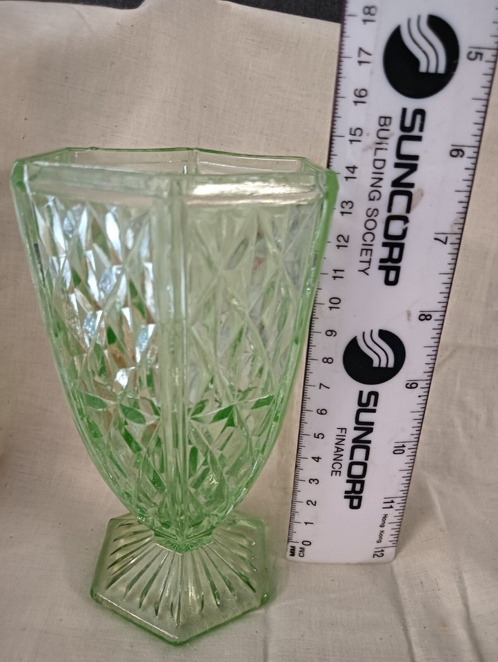 Vintage Green Depression Glass Vase - Great Condition - 14cm High Crown ...