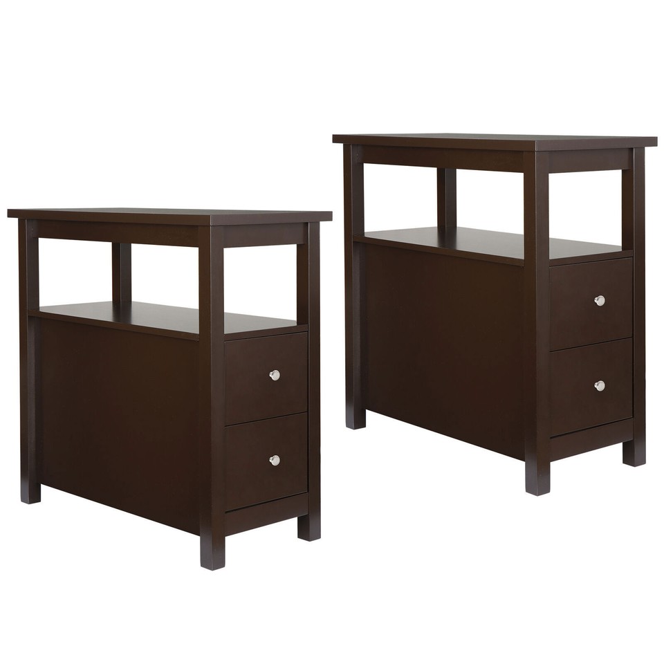 2 Pack Chairside End Table with 2 Drawer and Shelf Narrow End Table ...