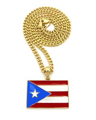 NEW PUERTO RICO FLAG GOLD PT PENDANT & 24" BOX/CUBAN/ROPE CHAIN HIP HOP ...
