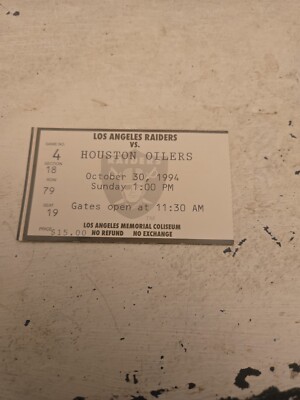 1994 Los Angeles Raiders Vs Houston Oilers Ticket Stub. October 30 ...