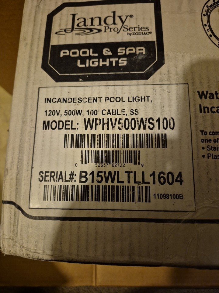 Jandy Large Incandescent Pool Light, 120V, 65W, 100' Cord. wphv500ws100 ...