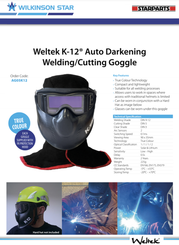 Weltek K-12 True Colour Auto Darkening Goggles Welding Cutting Mask and ...