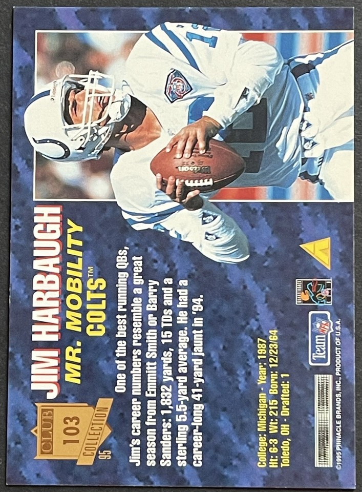 1995 Pinnacle Club Collection Football Card #103 Jim Harbaugh | eBay