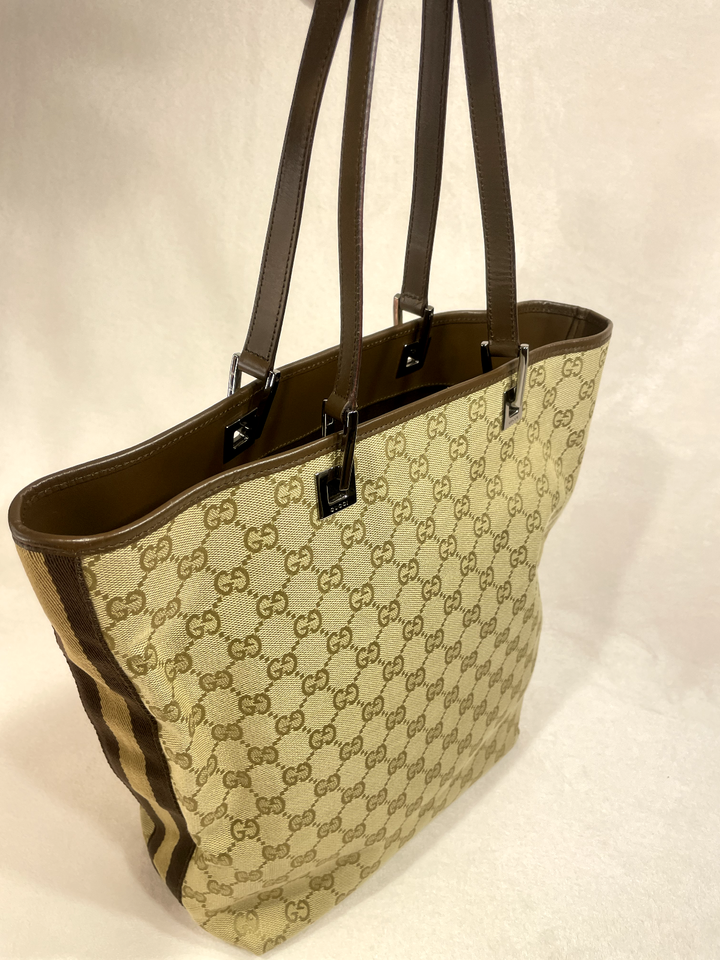 Authentic GUCCI Shoulder Hand Tote Bag Sherry GG Canvas Leather Rank A ...