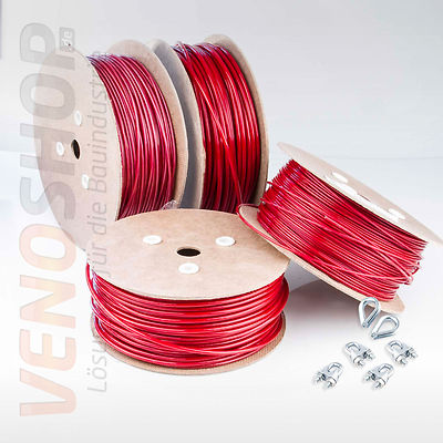 ROT: STAHLSEIL PVC SET: 2 Kauschen 4 Klemmen Seil Seile Drahtseil ...