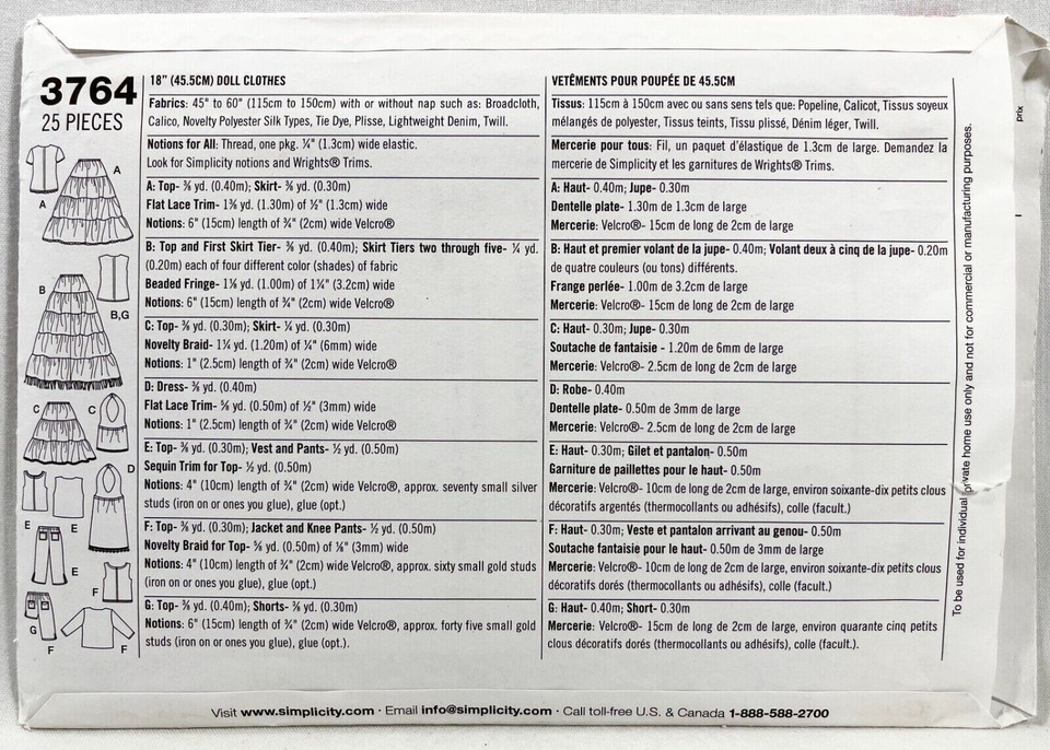 2007 Simplicity Sewing Pattern 3764 18" Doll Clothes Dress Skirt Top ...